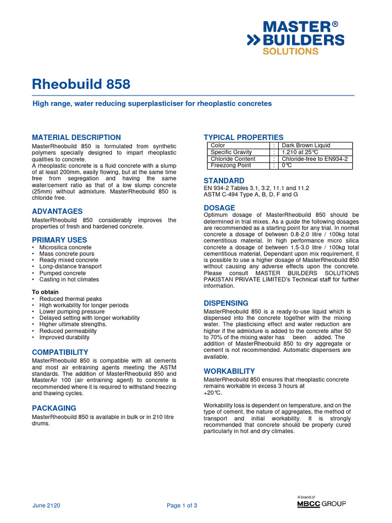 5-MASTER Rheobuild 858 | PDF | Concrete | Cement