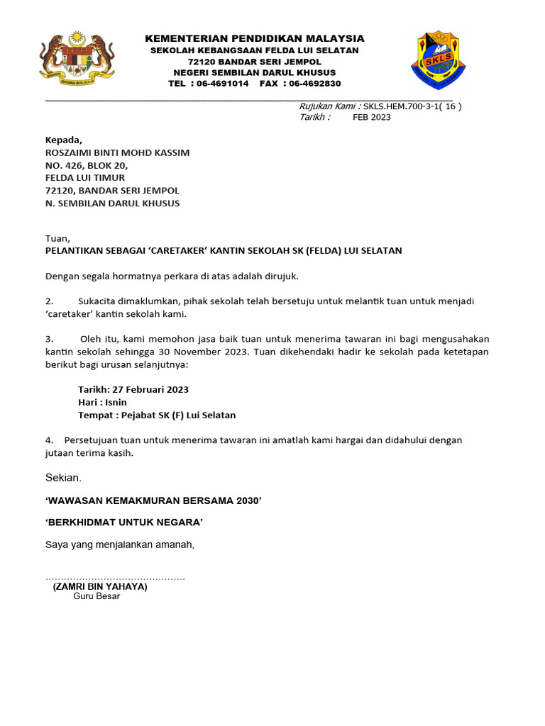 Surat Perlantikan Caretaker Kantin | PDF
