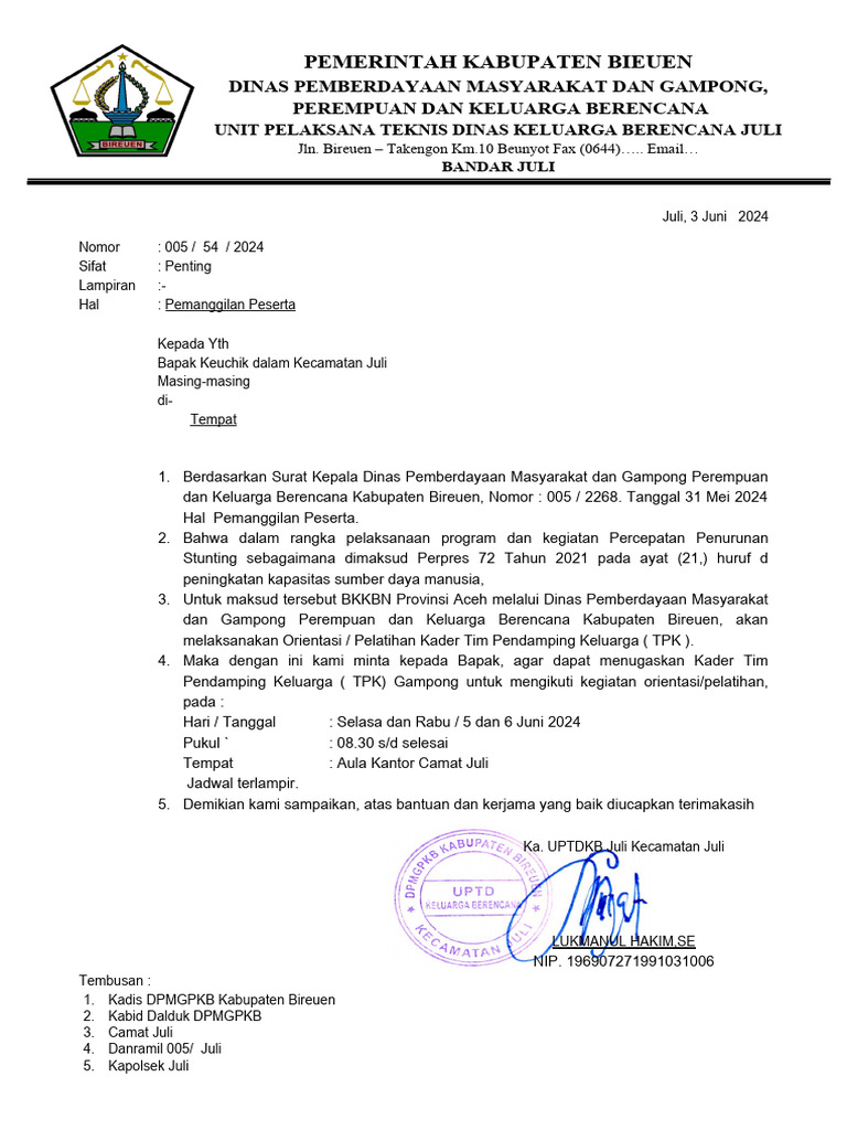 Surat Orientasi Tpk Kec Juli Th 2024 | PDF