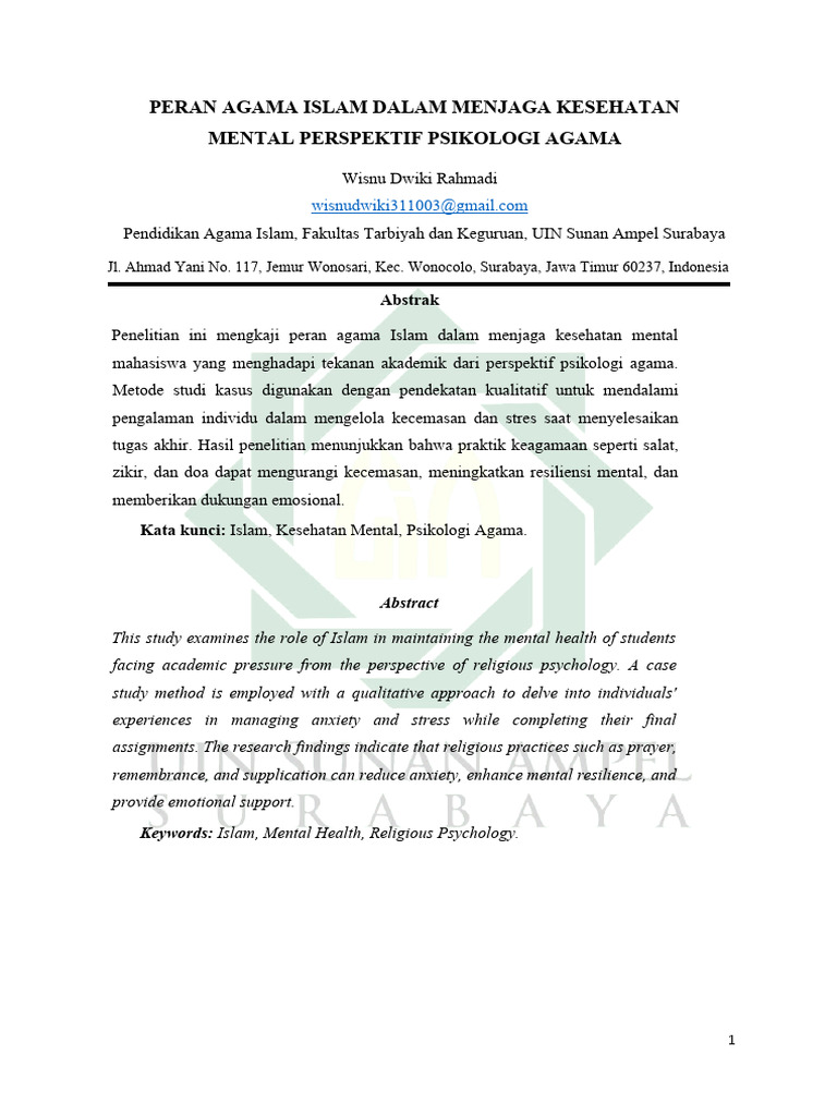 Peran Agama Islam Dalam Mengatasi Stres Dan Depresi Perspektif Psikologi Agama | PDF