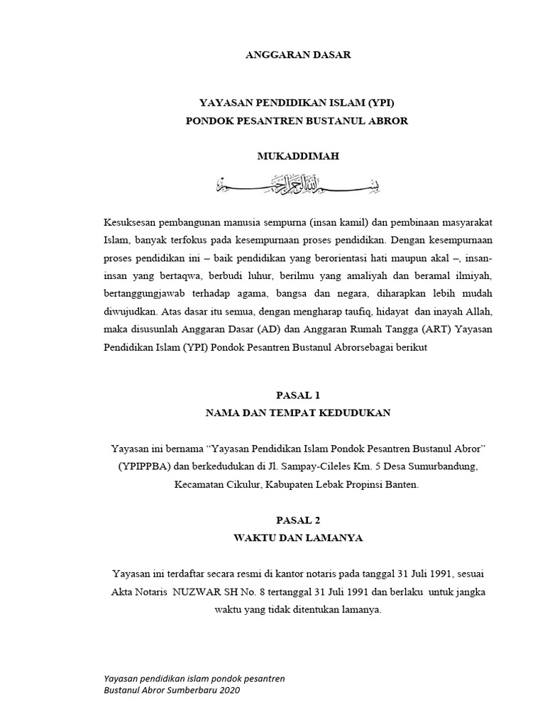 Anggaran Dasar & Runah Tangga Ypi PP Bustanul Abror | PDF