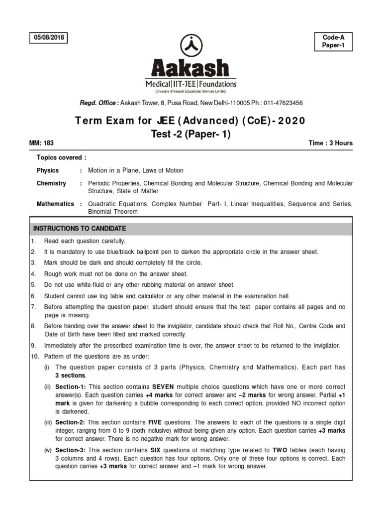 @PW Lectures 01 Te Coe Jeeadvanced Test 2 Paper 1 Code A 2018 | PDF ...