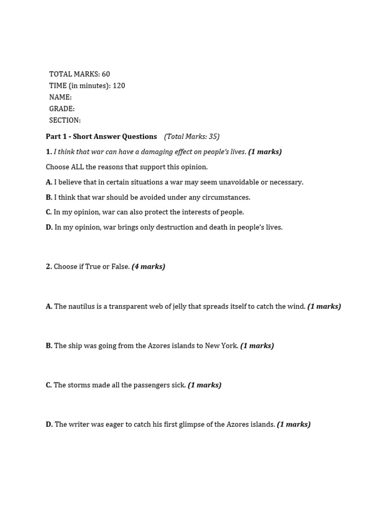 Test Paper For Checking Comprehension - English | PDF | Adverb ...