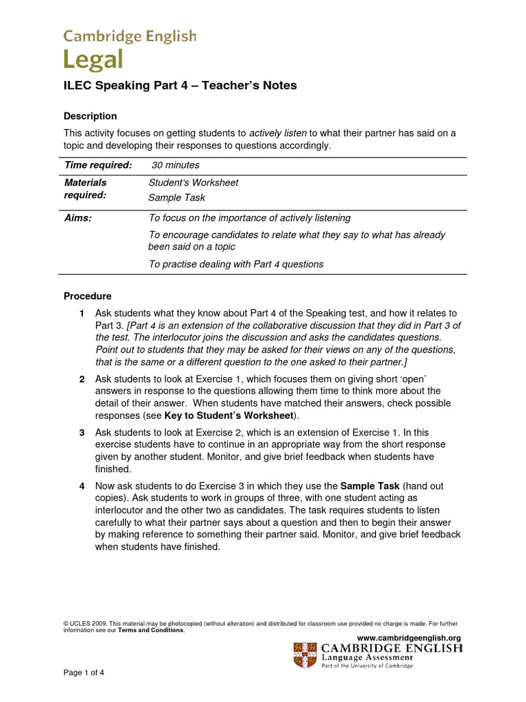 Cambridge English Legal Ilec Speaking Part 4 | PDF | Worksheet