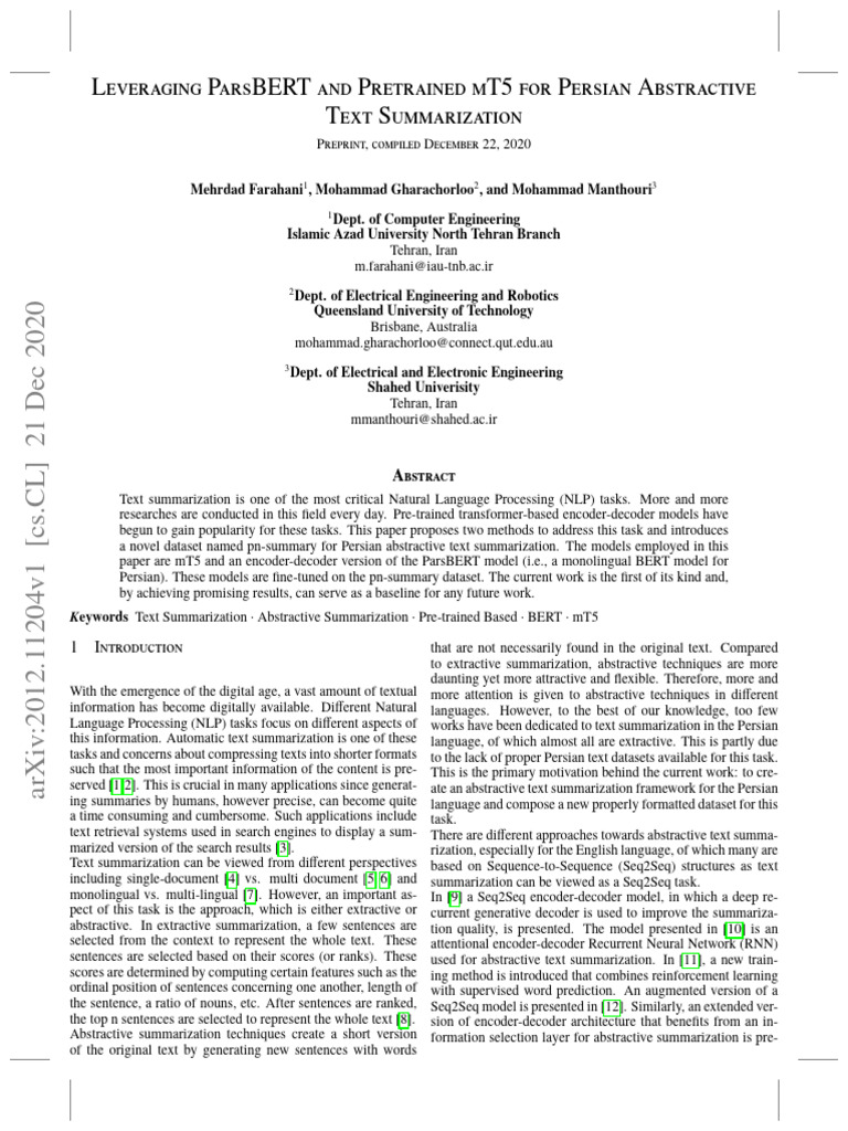 Leveraging ParsBERT and Pretrained MT5 For Persian Abstractive | PDF ...