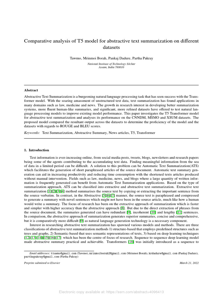 Comparative Analysis of T5 Model For Abstractive Text Summarization On Different Datasets | PDF ...