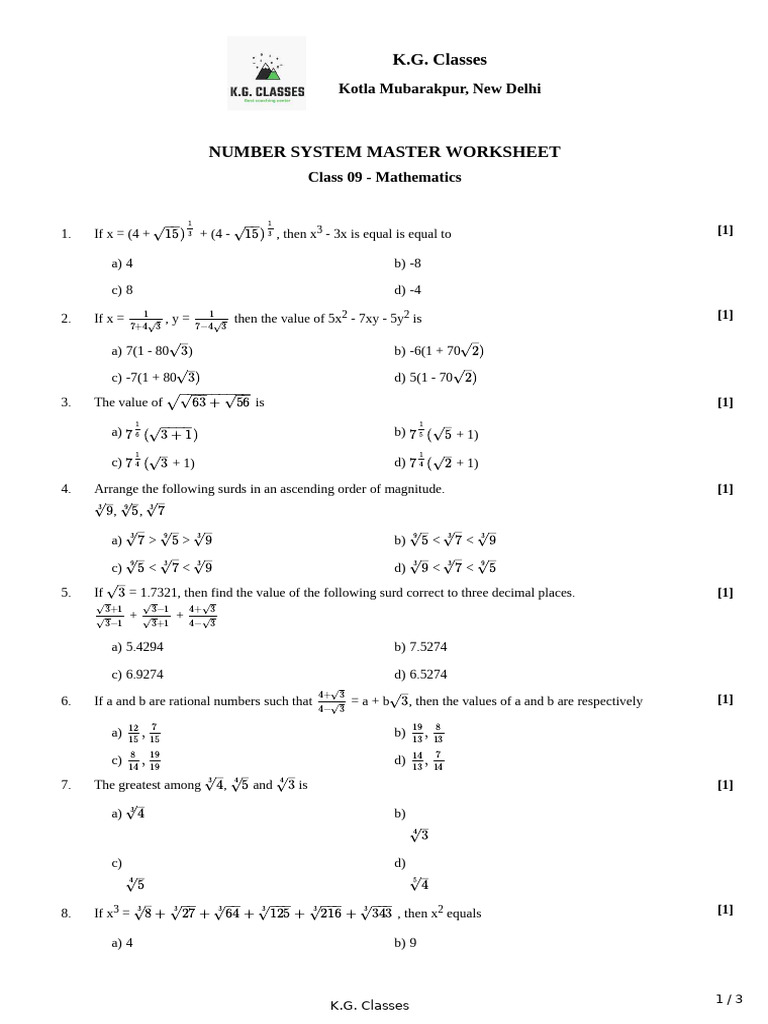 Class 9 Mathematics Number System Worksheet | PDF