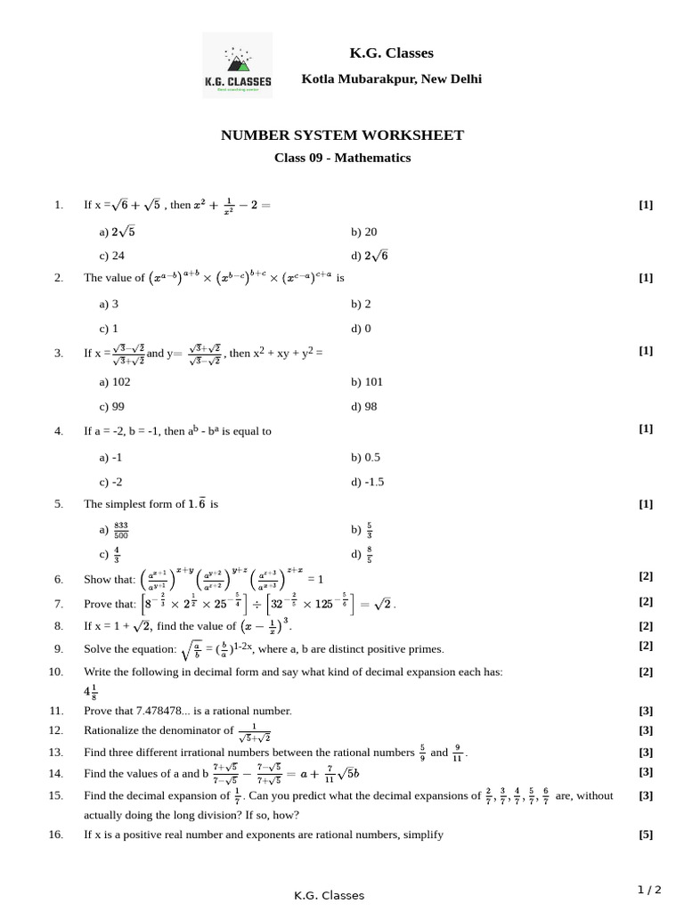 Number System Practice Worksheet Pdf Numbers Rational Number