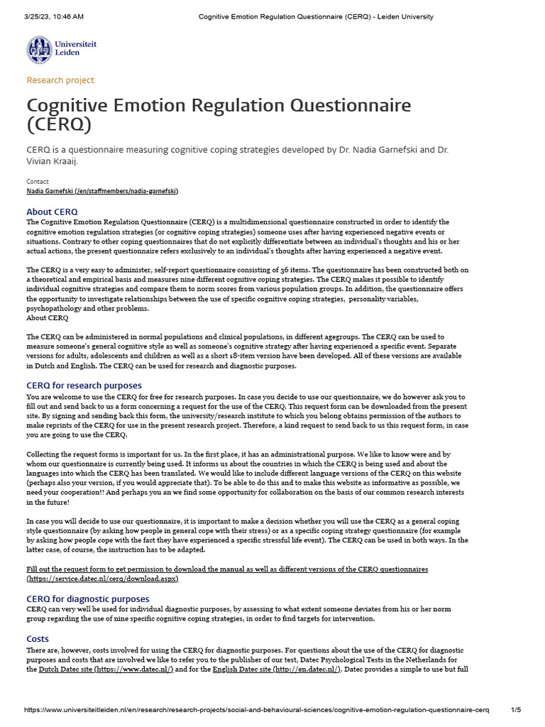 Cognitive Emotion Regulation Questionnaire (CERQ) - Leiden University | PDF | Emotional Self ...