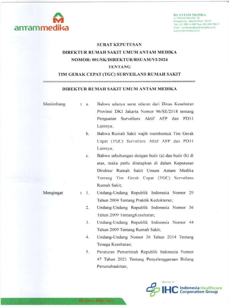 SK TIM GERAK CEPAT (TGC) SURVEILANS RUMAH SAKIT (Tgl. 19 April 2024) | PDF