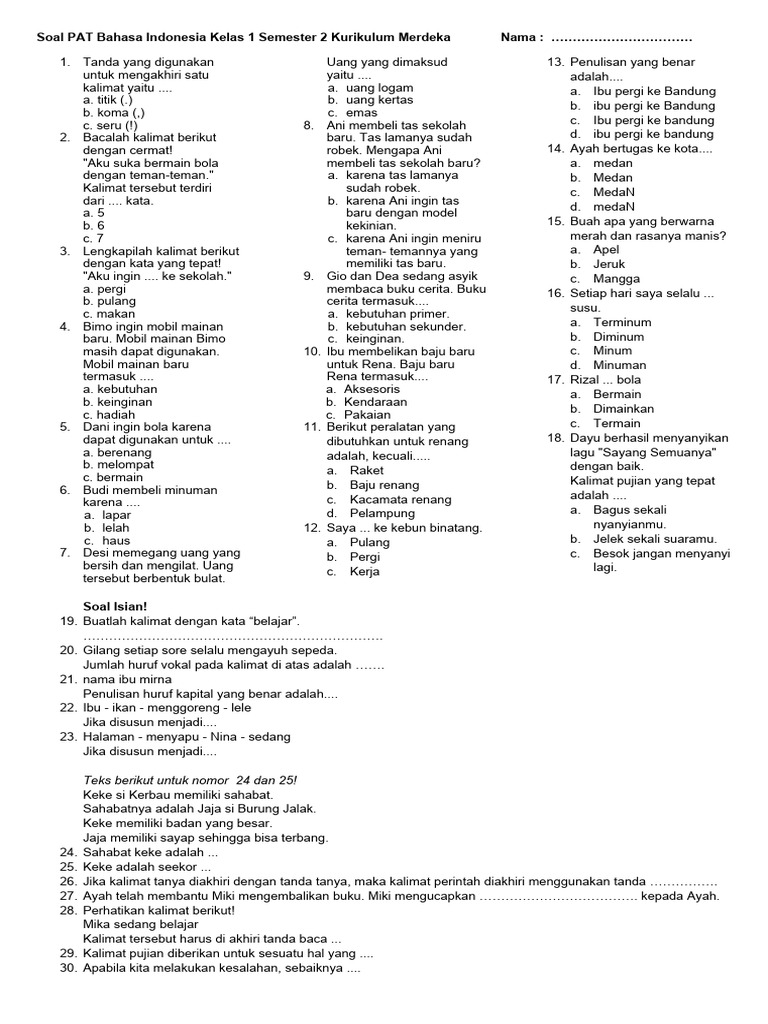 Soal PAT Bahasa Indonesia Kelas 1 Semester 2 Kurikulum Merdeka | PDF