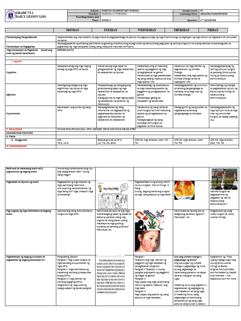 Grade 6 DLL Araling Panlipunan Q4 Week 6 | PDF
