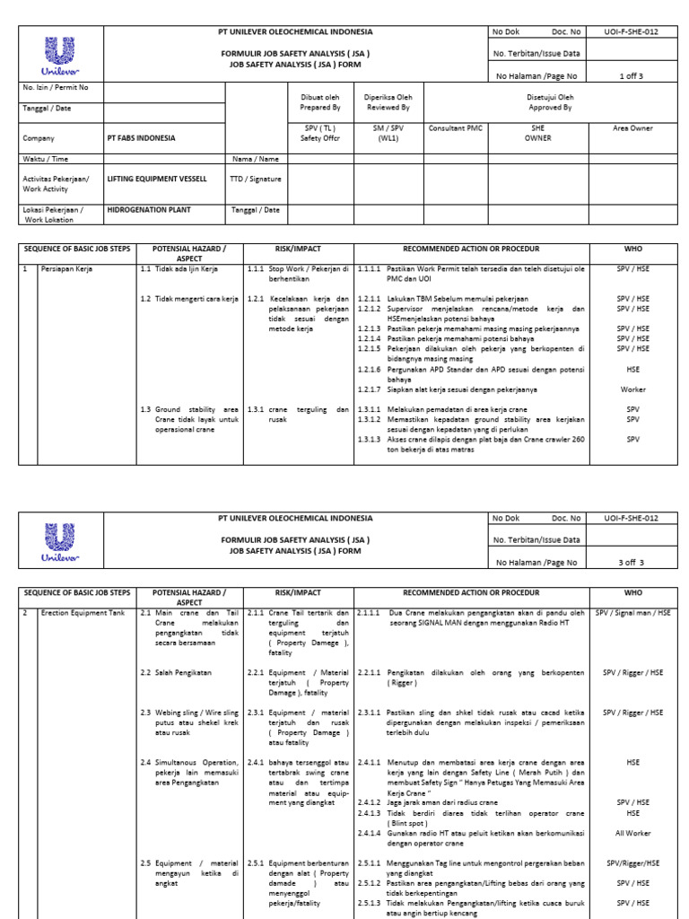 JSA Lifting Vessel | PDF