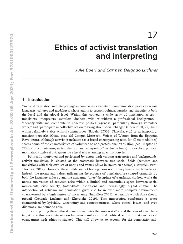 Ethics of Activist Translation and Interpreting: Julie Boéri and Carmen Delgado Luchner | PDF ...