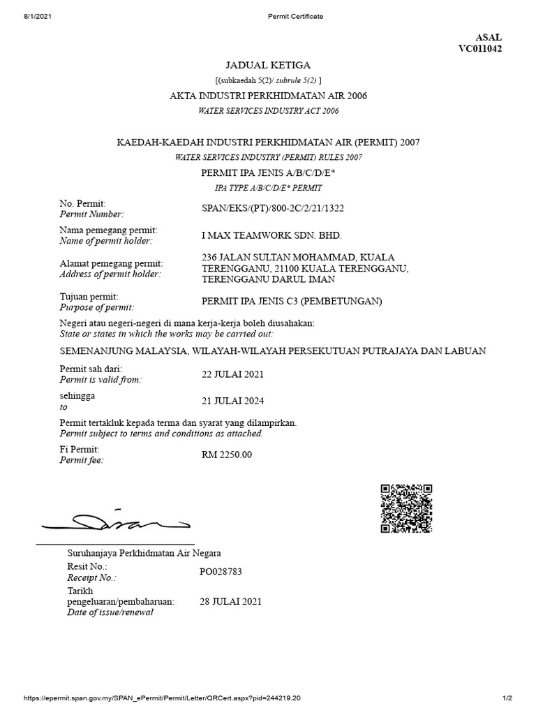 4.1-Permit SPAN Certificate & Notis Mula Kerja NPS 6 | PDF