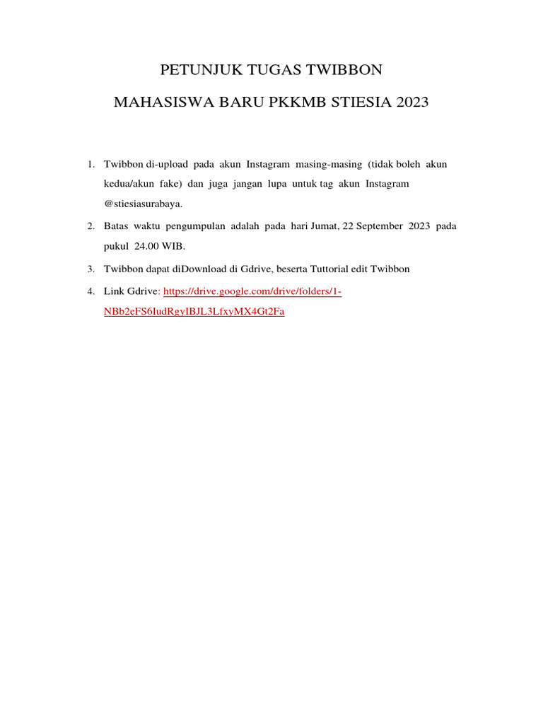 Petunjuk Tugas Mahasiswa Baru PKKMB STIESIA 2023 | PDF