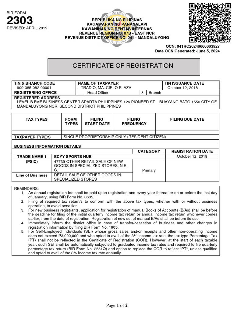 Certificate of Registration (COR) ECYY Branch 001 | PDF | Taxes | Revenue