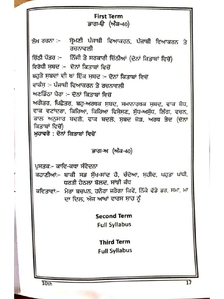 Punjabi Syllabus Class 10 | PDF