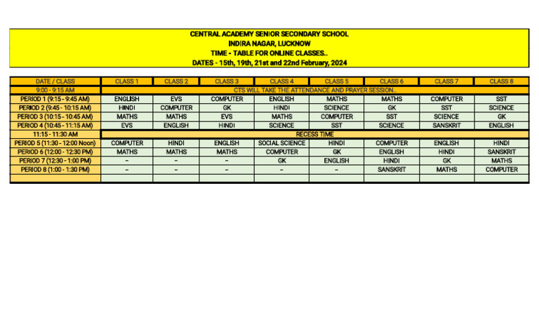 Timetable For Online Classes | PDF