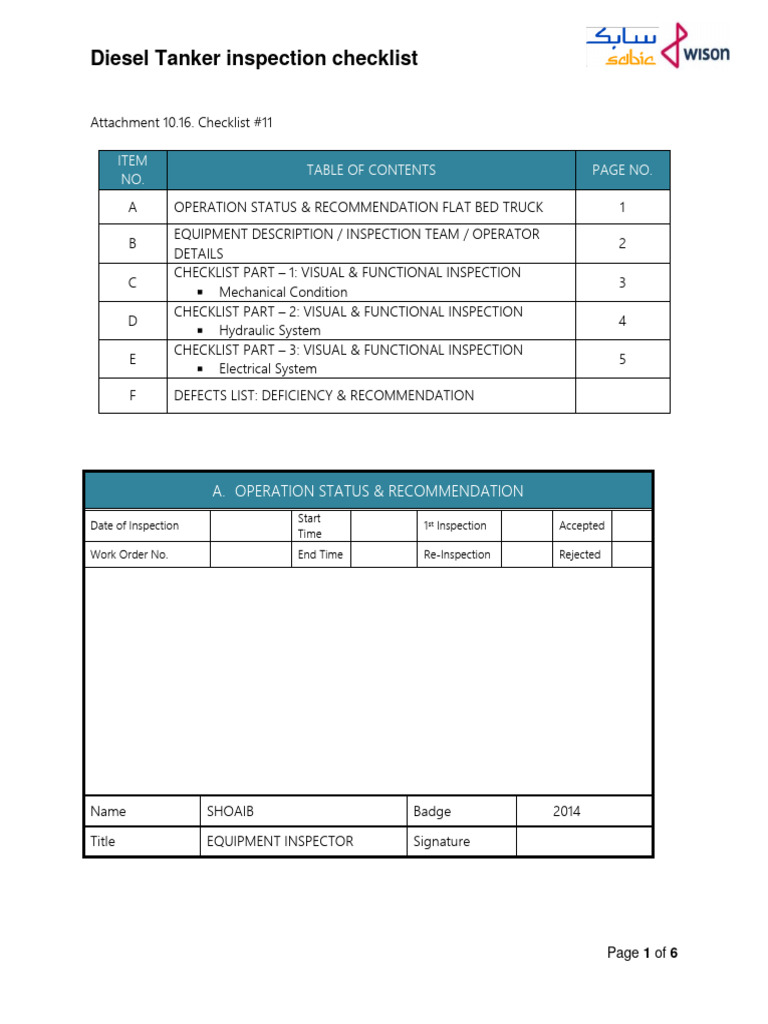 13.diesel Tanker Inspection Checklist | PDF | Steering | Brake