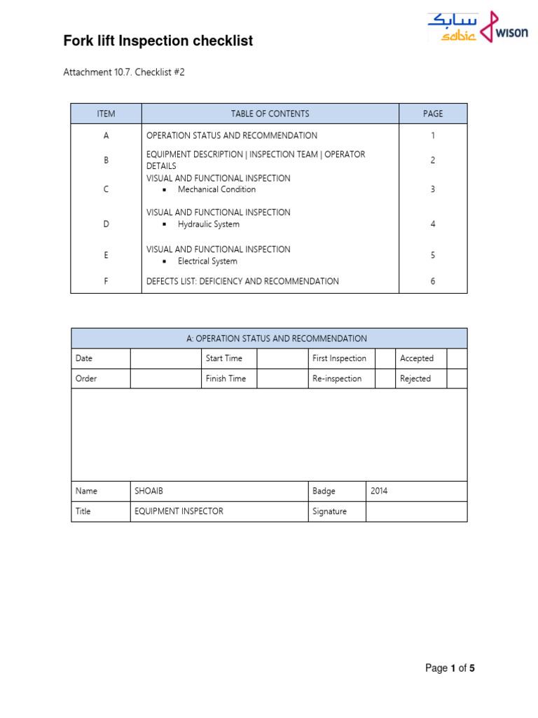 20.fork Lift Inspection Checklist | PDF | Elevator | Forklift