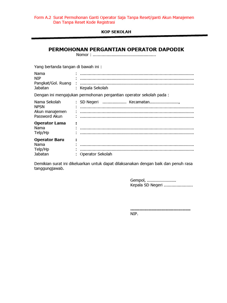 Form A.2 Surat Permohonan Ganti Operator Saja Tanpa Reset - Ganti Akun Manajemen Dan Tanpa Reset ...