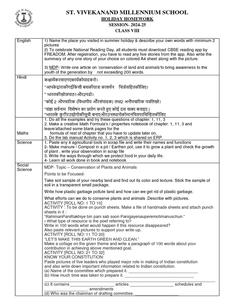 St. Vivekanand Millennium School: Holiday Homework SESSION-2024-25 ...