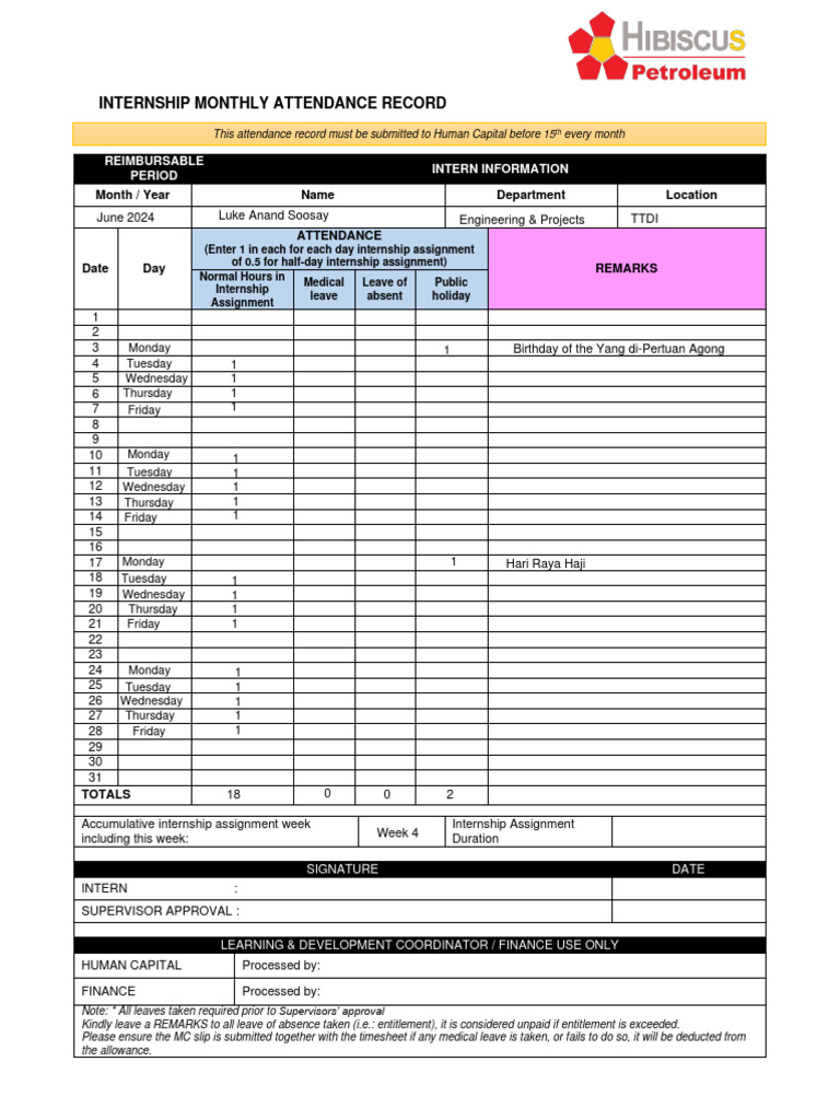 Internship Attendance (Timesheet) - HPB | PDF