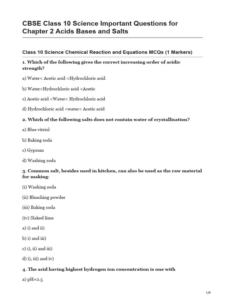 Class 10 Chapter 2 Science Important Questions | PDF | Sodium Carbonate ...