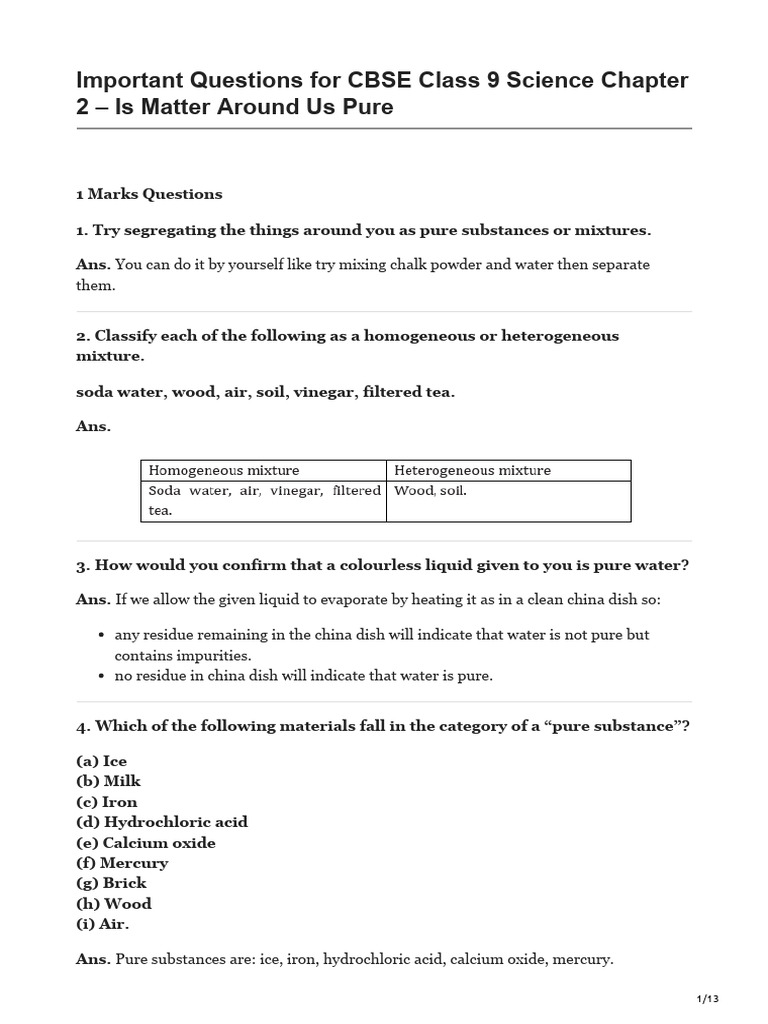 Important Question Cbse Class 9 Science Chapter 2 Is Matter Around Us ...