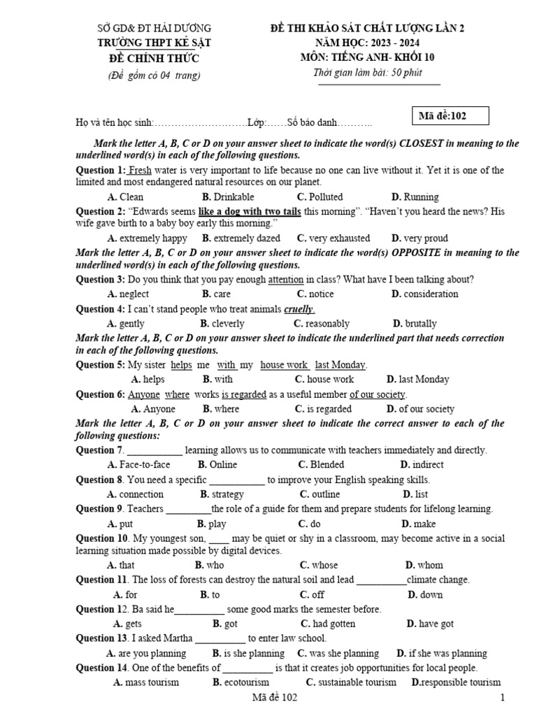 KSCL L2 - Tiếng Anh 10 - mã 102 | PDF | River | Earth Sciences