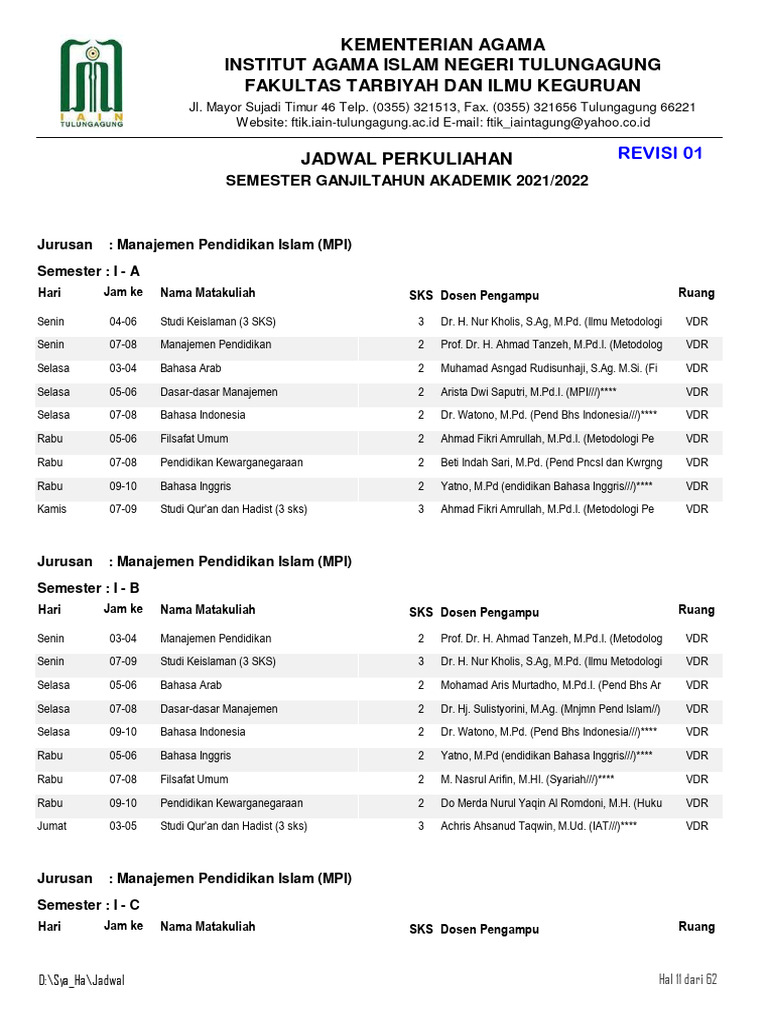 JADWAL PERKULIAHAN 2021-2022 Ganjil 13 Agutus 2021-Rev 01 | PDF