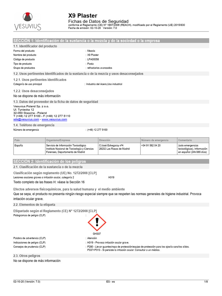 Ficha de Seguridad X9 Plaster REACH | PDF | Toxicidad | Toxicología