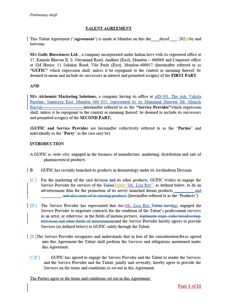 Talent Agreement for Lisa Ray's Promotion | PDF | Arbitration | Indemnity