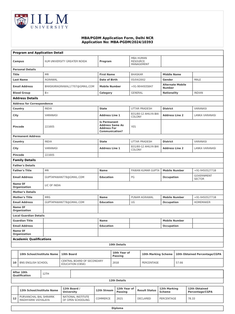 Application Form MBA-PGDM 2024 10393 | PDF