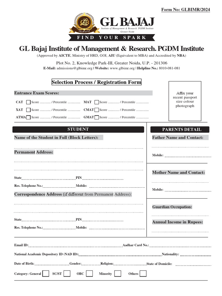 GLBIMR PGDM Admission Form 2024 | PDF | Master Of Business Administration