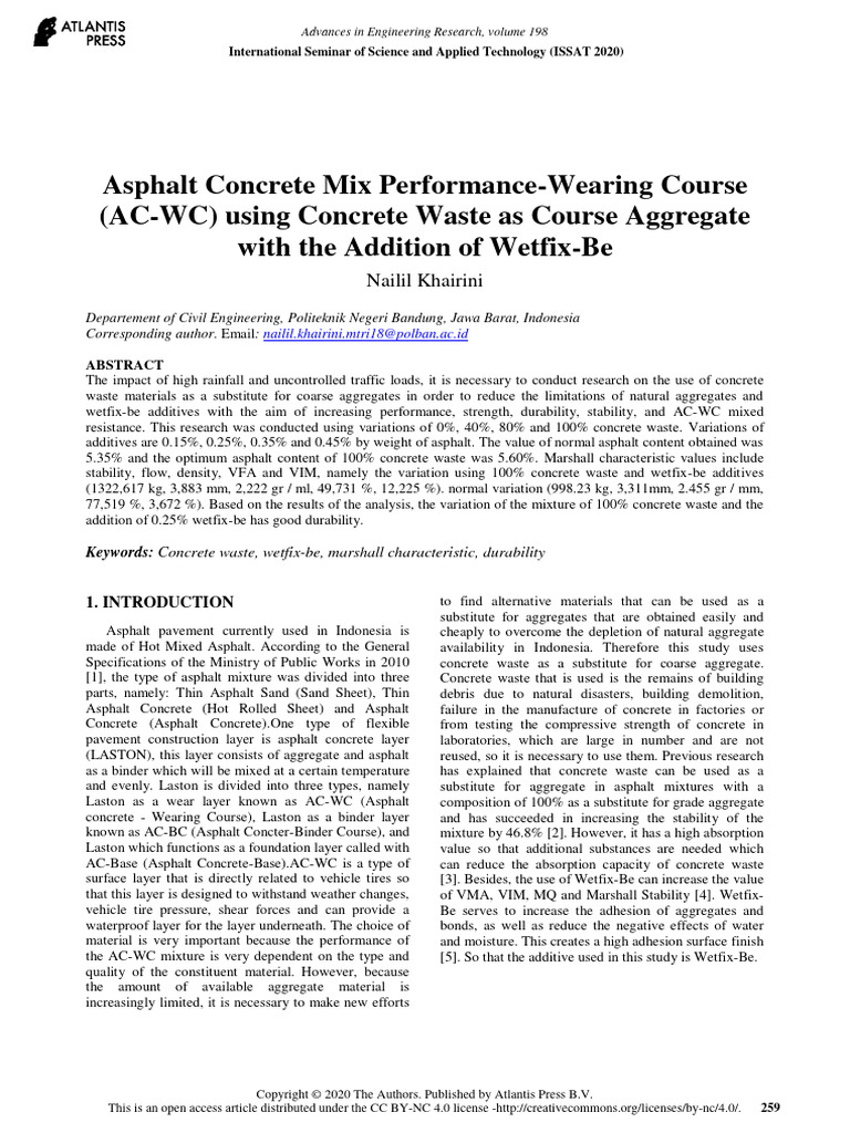 Asphalt Concrete Mix Performance-Wearing Course (AC-WC) Using Concrete ...