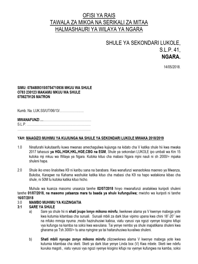 Lukole Secondary School Joining Instruction | PDF