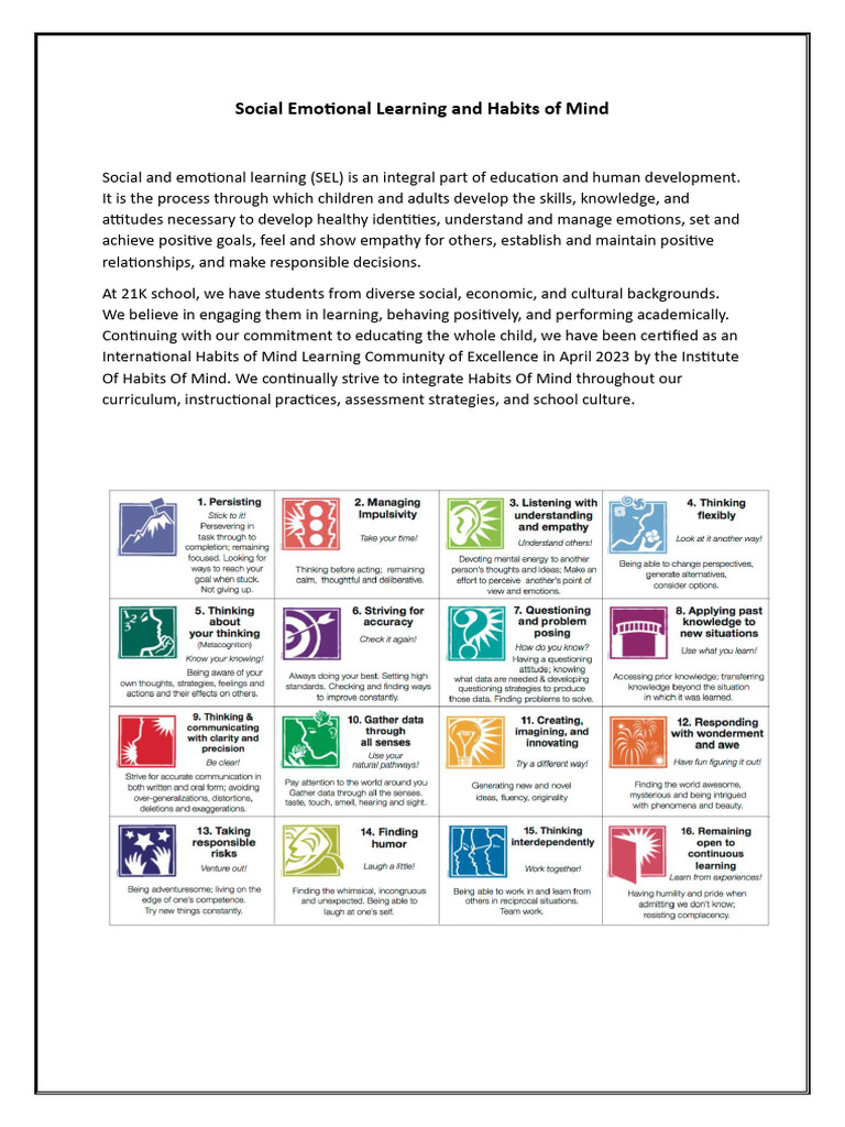 SEL and Habits of Mind Framework | PDF | Cognitive Science | Behavior ...