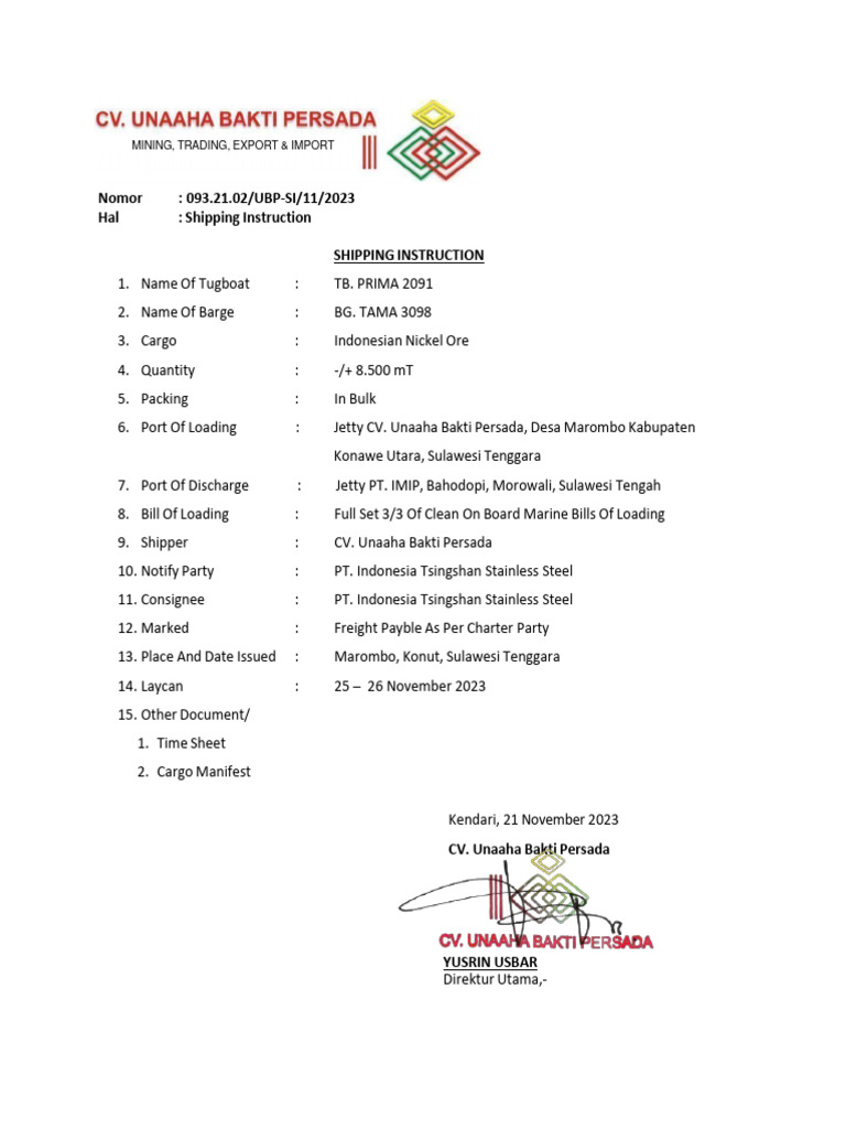 Indonesian Nickel Ore Shipping Details | PDF