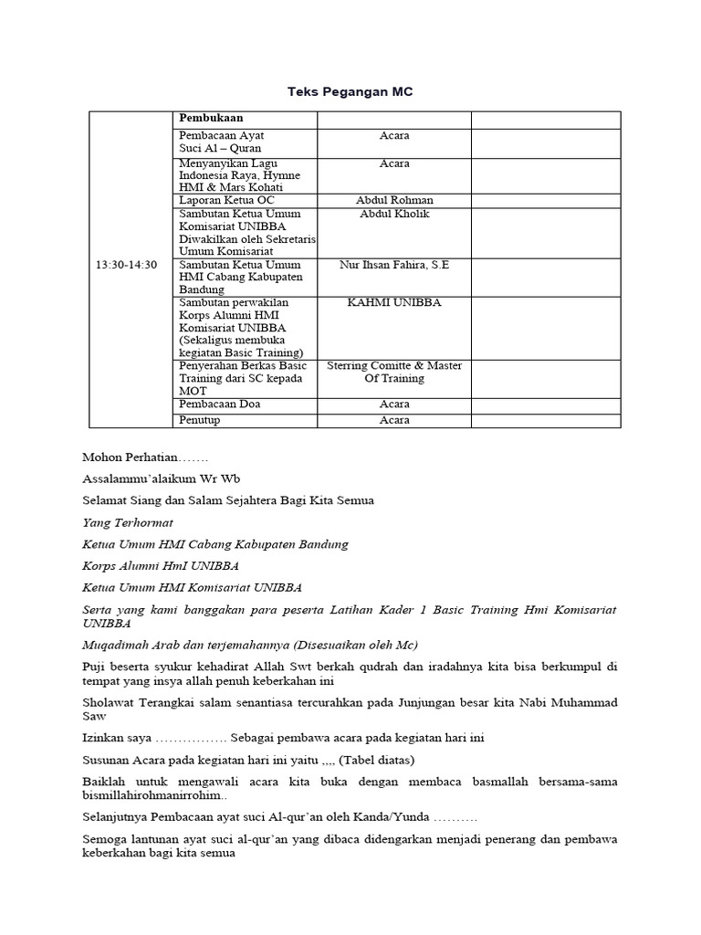 Teks MC LK-1 Hmi Unibba | PDF