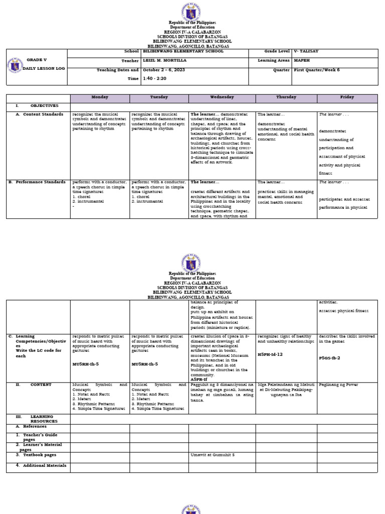 G5 DLL Q1 Week 6 Mapeh | PDF