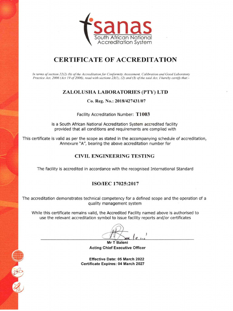 Zalolab T1003 SANAS Accreditation Certificate | PDF