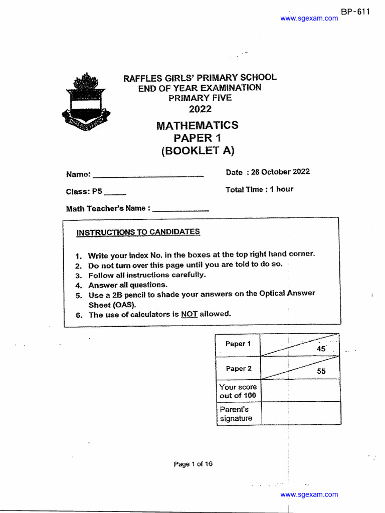 2022 P5 Maths Semestral Assessment 2 Raffles Girls | PDF