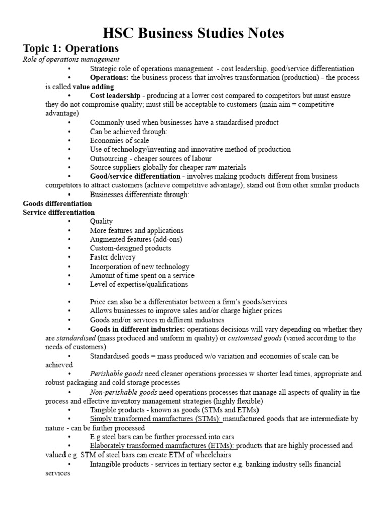 HSC Business Studies Notes | PDF | Lean Manufacturing | Supply Chain