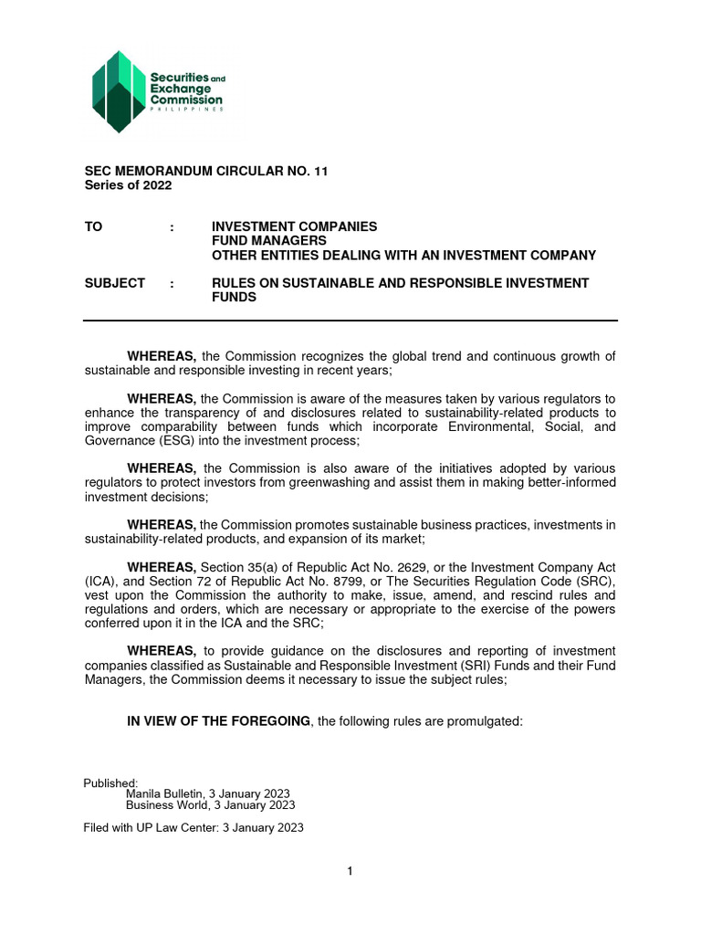 2022MC SEC MC No. 11 S. of 2022 Rules On Sustainable and Responsible ...