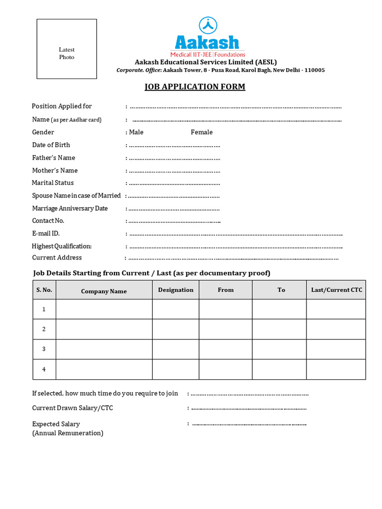 Job Application Form - AESL - Rev 01.04.2024 | Download Free PDF ...