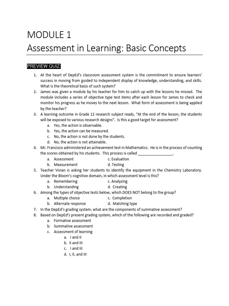 Module 1 Assessment Of Learning Basic Concepts In Assessment Pdf