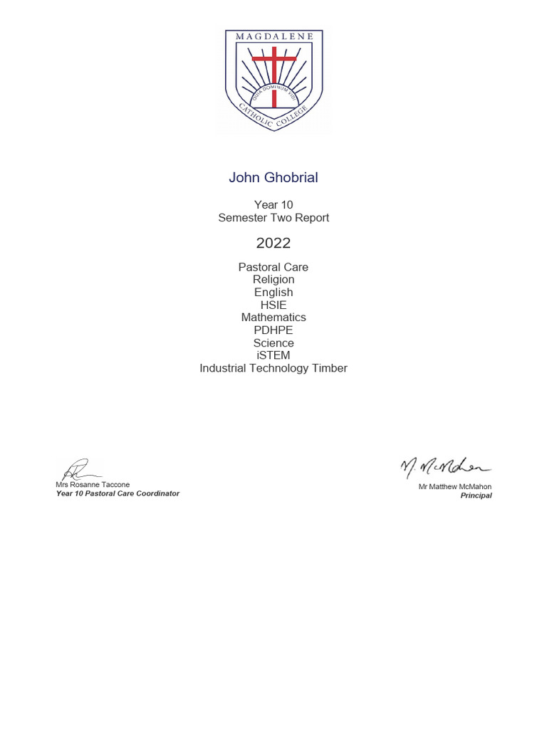 John Ghobrial: Year 10 Semester Two Report | PDF | Learning | Teachers