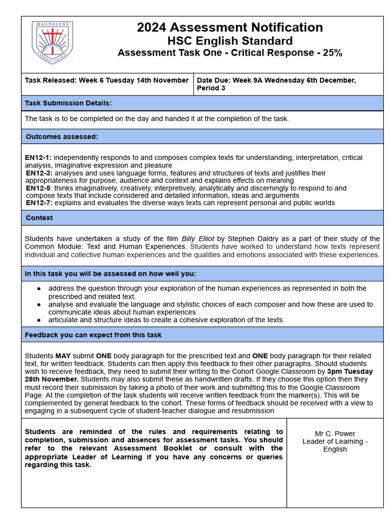 2024 HSC English Standard Task 1 Notification.docx | PDF | Experience ...